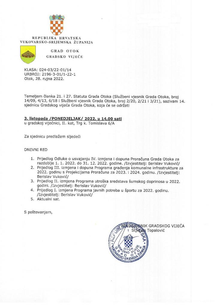 Najava: 14. sjednica Gradskog vijeća Grada Otoka | Grad Otok